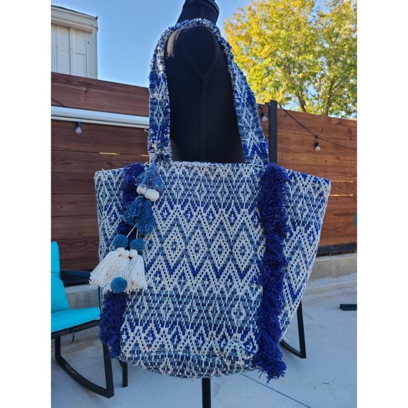 Magid | Bags | Magid Cotton Beach Tote Blue Tassles Nwt | Poshmark